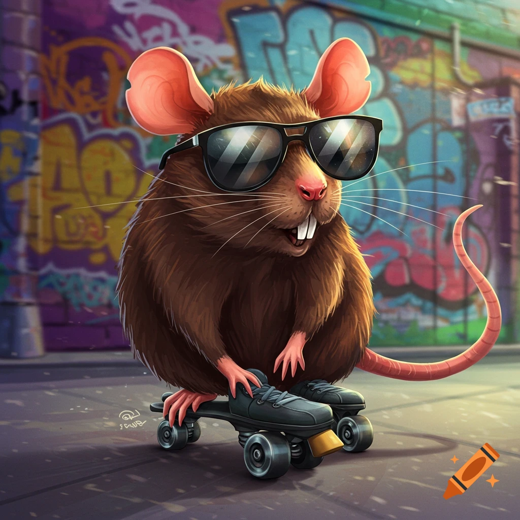 Cartoon rat wearing sunglasses and roller skating in front of graffiti ...