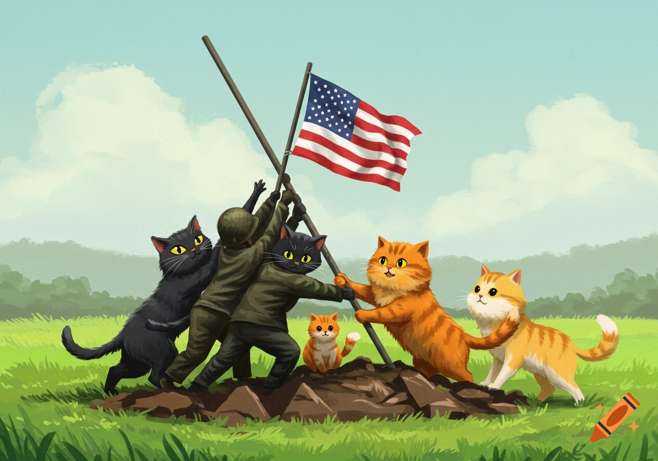 Cartoon cats in uniform raising an American flag on a hill like Iwo ...