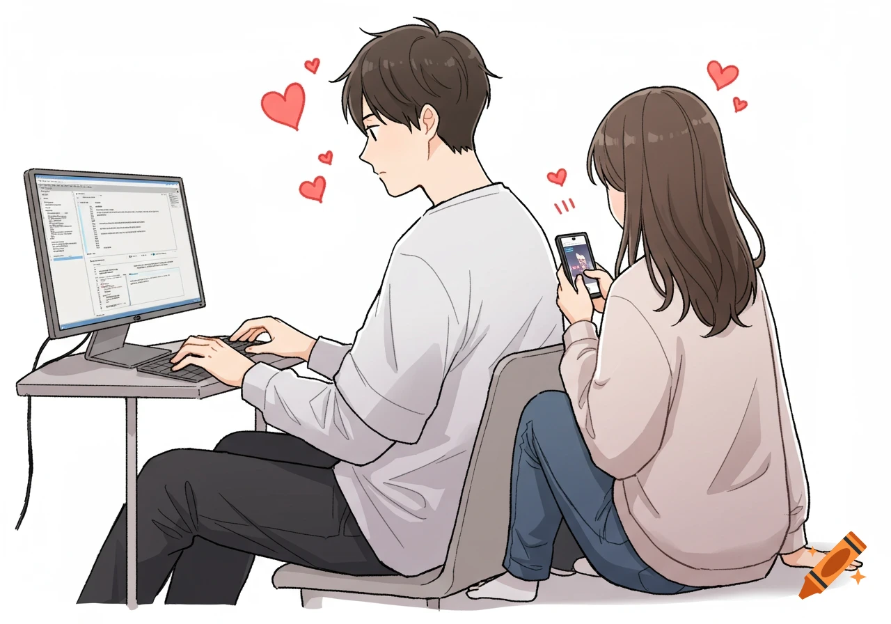 Cartoon drawing of a man at a computer with a woman on her phone beside ...