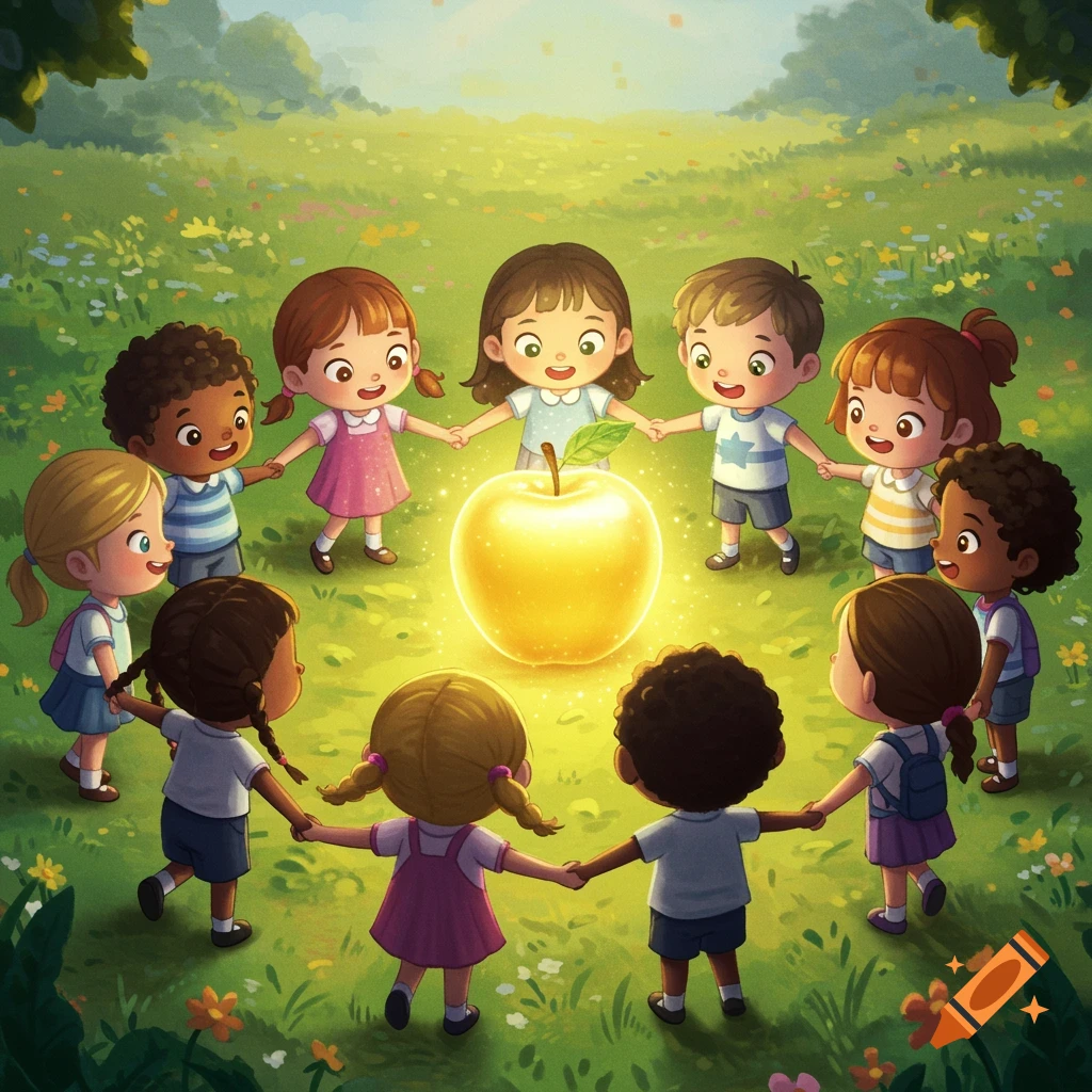 Cartoon children dancing in a circle around a glowing golden apple in a ...