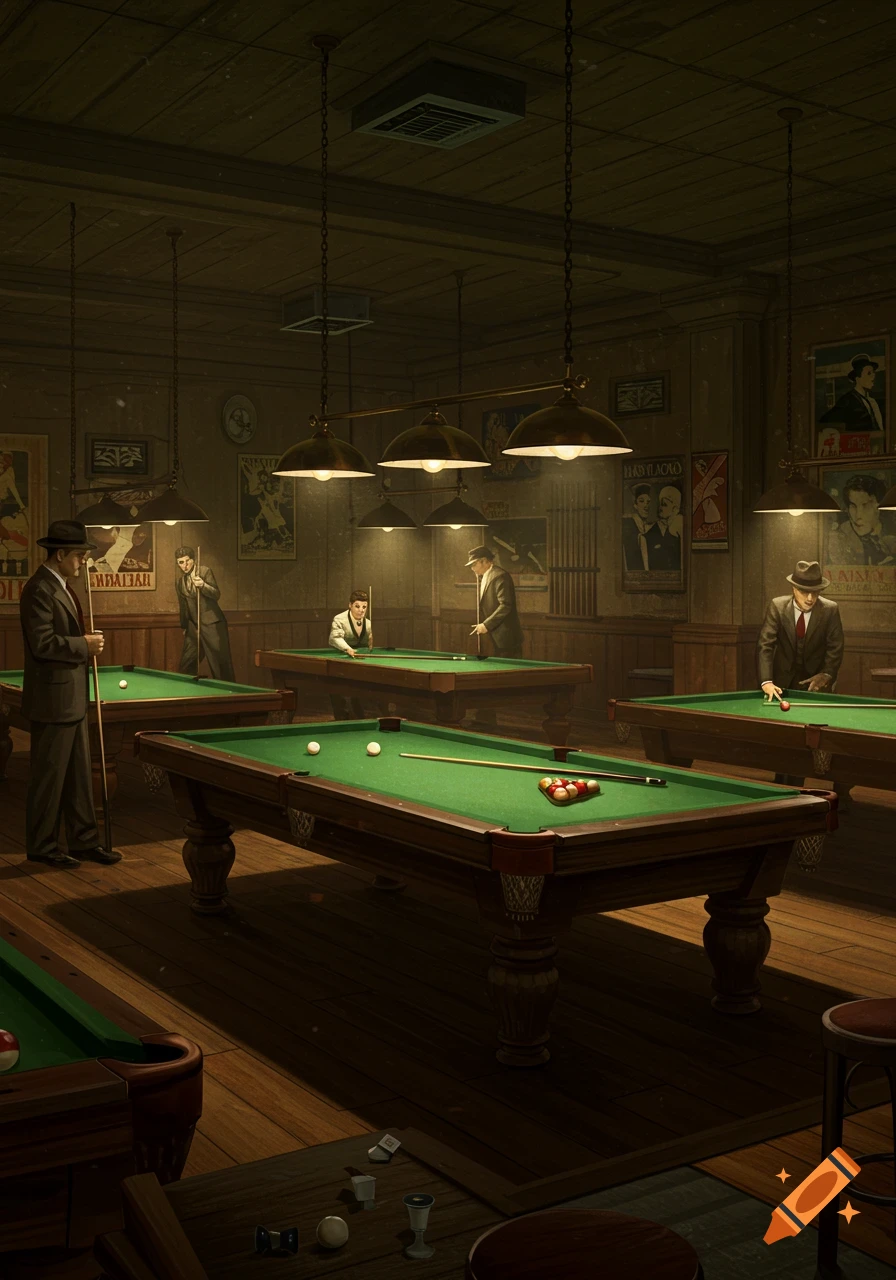 Men play pool in a vintage billiard hall. on Craiyon