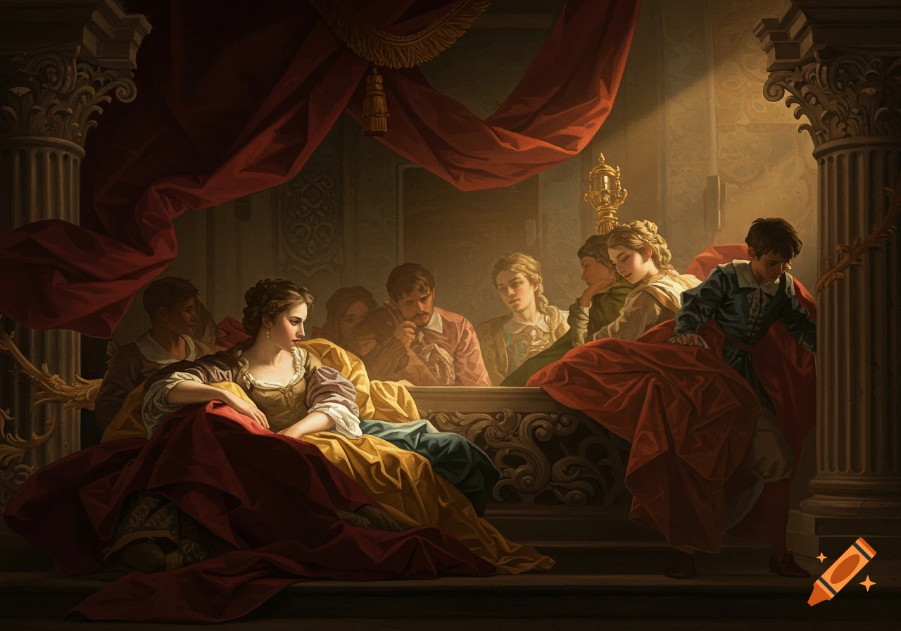 Painting of a group of people in historical clothing, in the style of ...