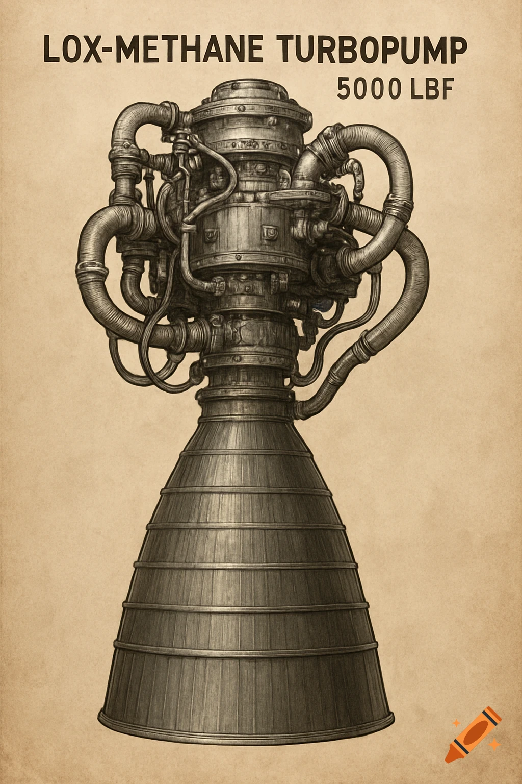 Technical illustration of a LOX-METHANE TURBOPUMP 5000 LBF rocket ...