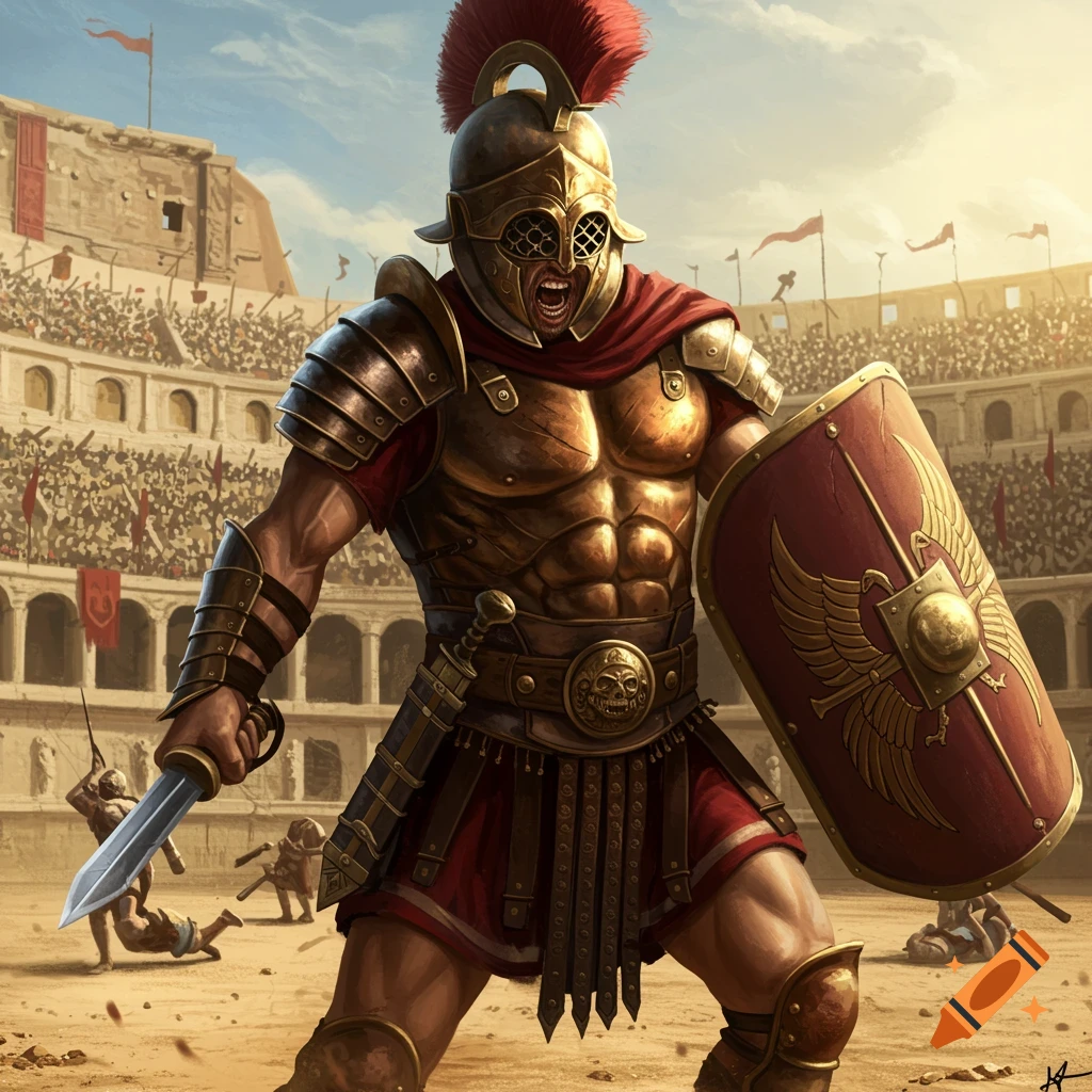 Digital painting of a muscular Roman gladiator in armor, sword and ...