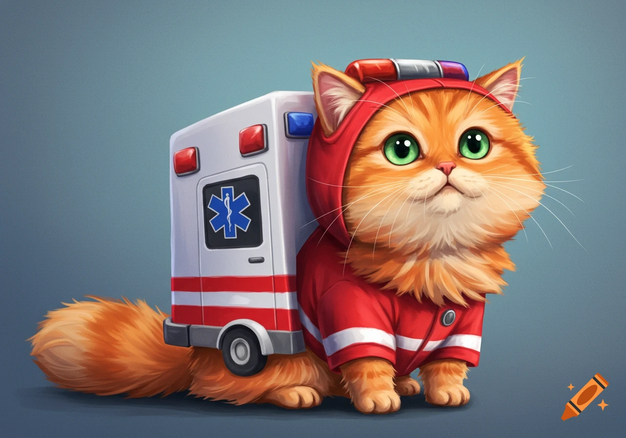 Fluffy orange cat in an ambulance costume, illustration on Craiyon