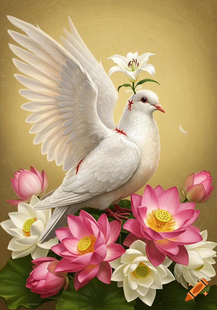 White dove with outstretched wings sits among lotus flowers, lily ...