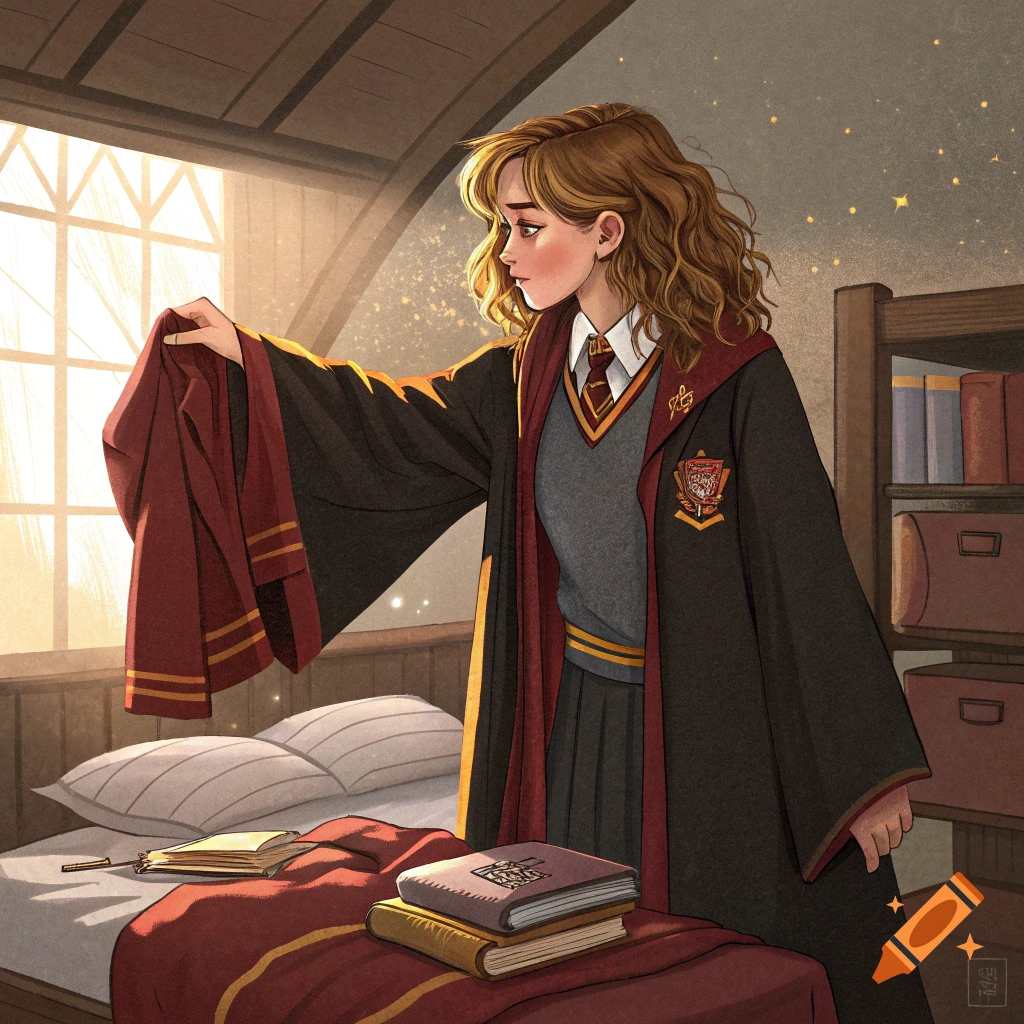 Hermione Granger in her room holding her Gryffindor robe, sunlight ...