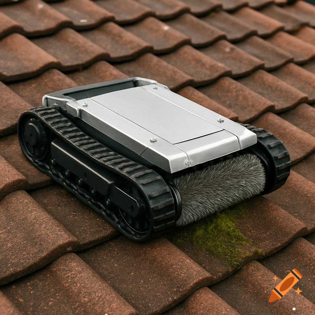 A robotic cleaner with tracks and a brush sits on a tiled roof ...
