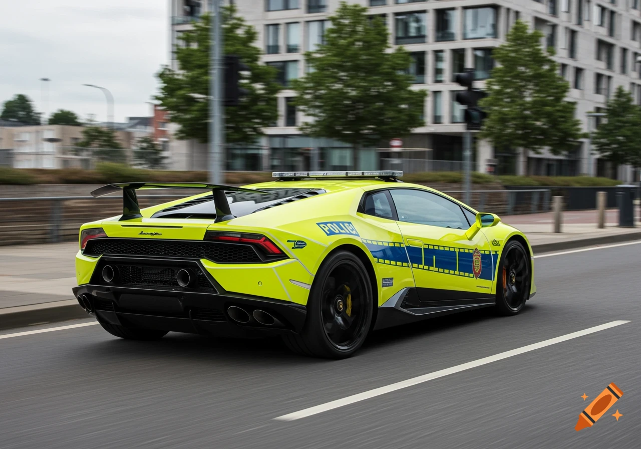 A bright yellow Lamborghini Huracan police car driving on a road. on Craiyon