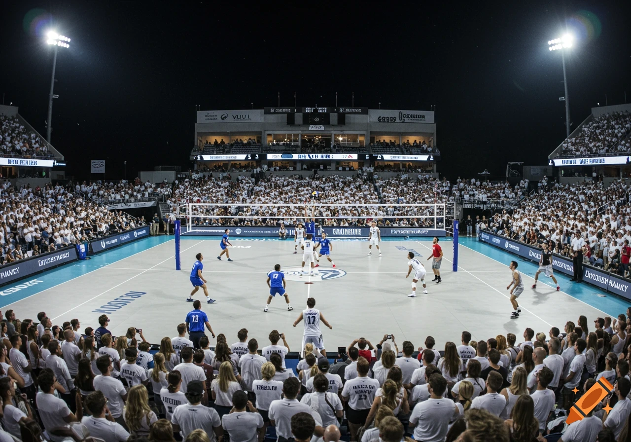 A men's volleyball game at night in a packed stadium with a large crowd ...
