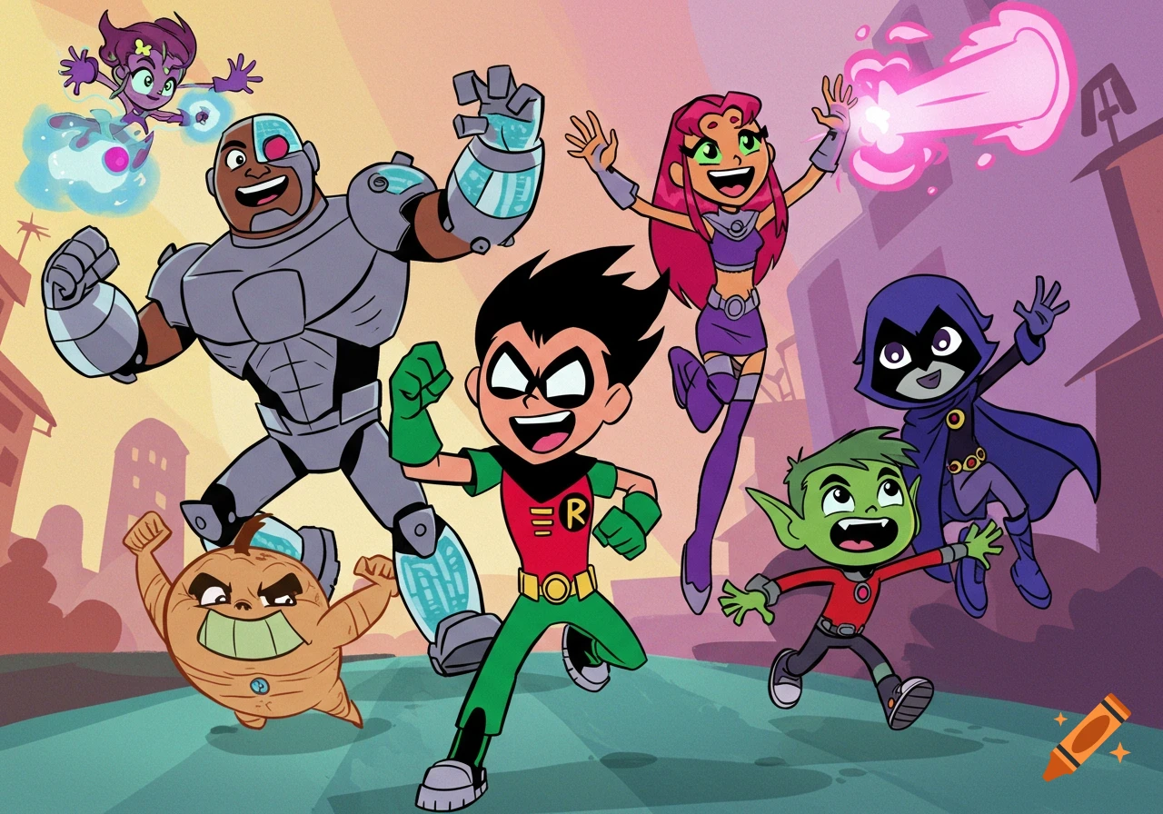 The main characters from Teen Titans Go, including Robin, Starfire ...
