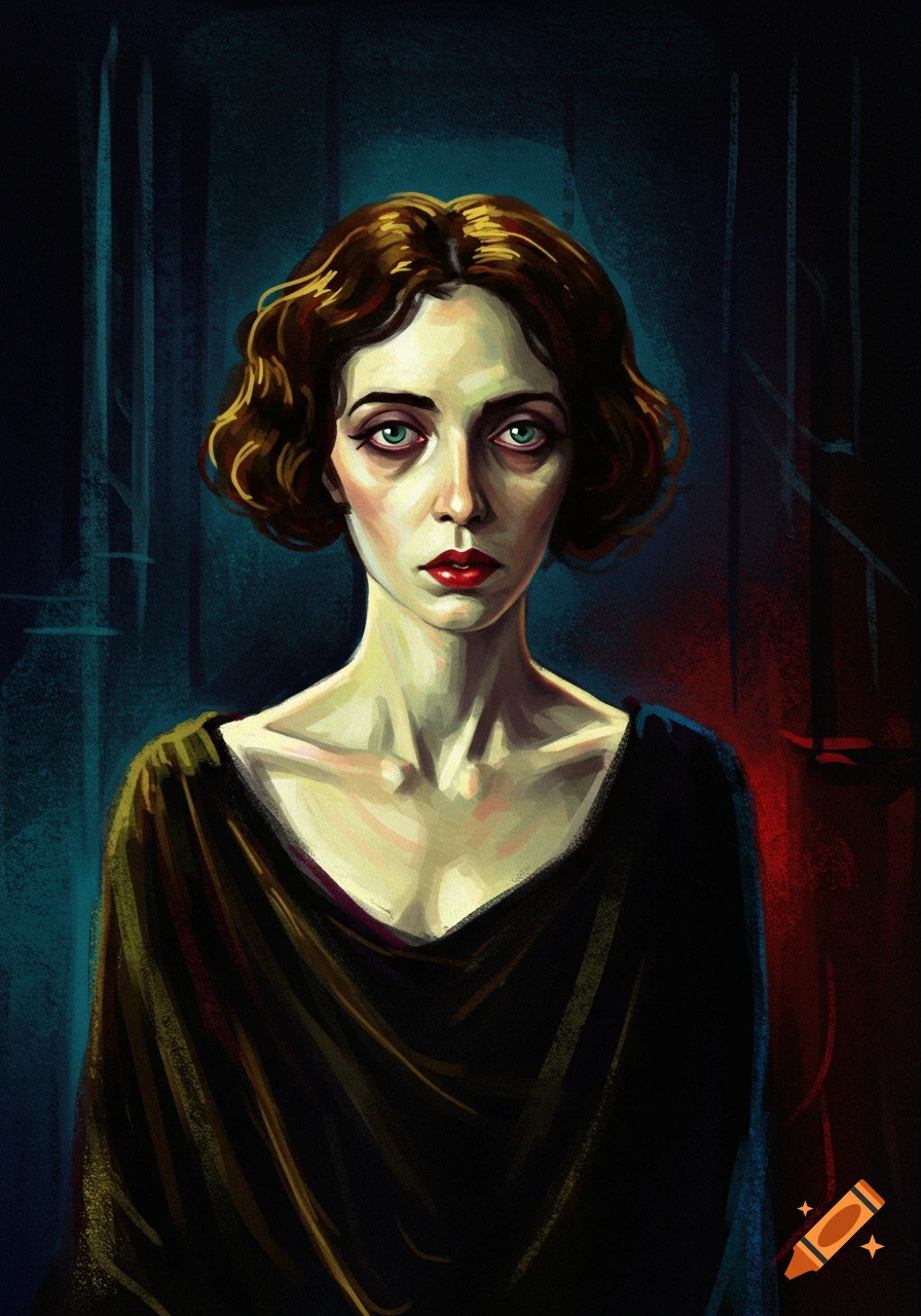 An oil pastel portrait of a woman with dark hair and eyes in an eerie ...