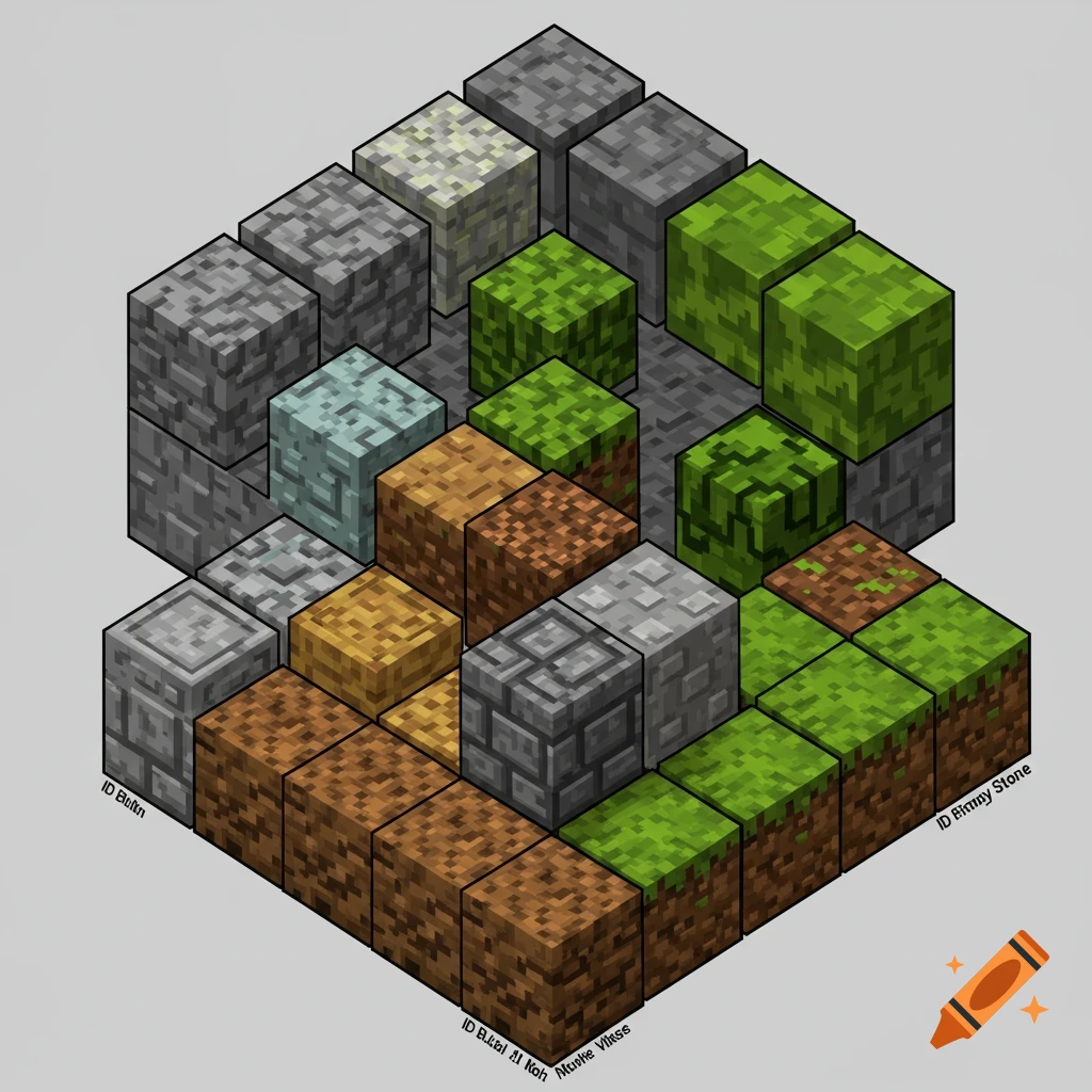 Isometric view of Minecraft style blocks including dirt, grass, stone ...