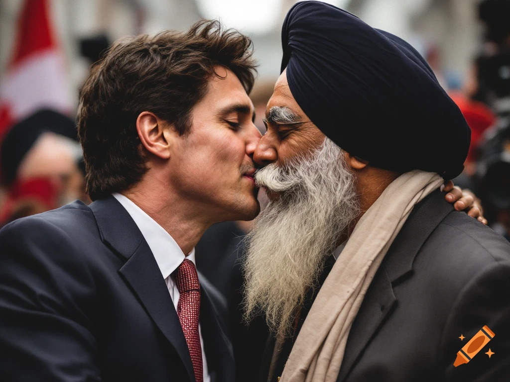 Justin Trudeau and Jagmeet Singh kiss in a photograph on Craiyon