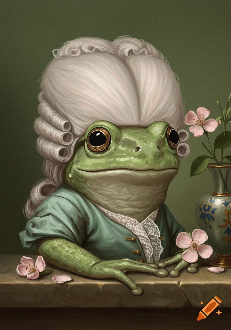 A frog in a white wig and historical clothing sits at a table with pink ...