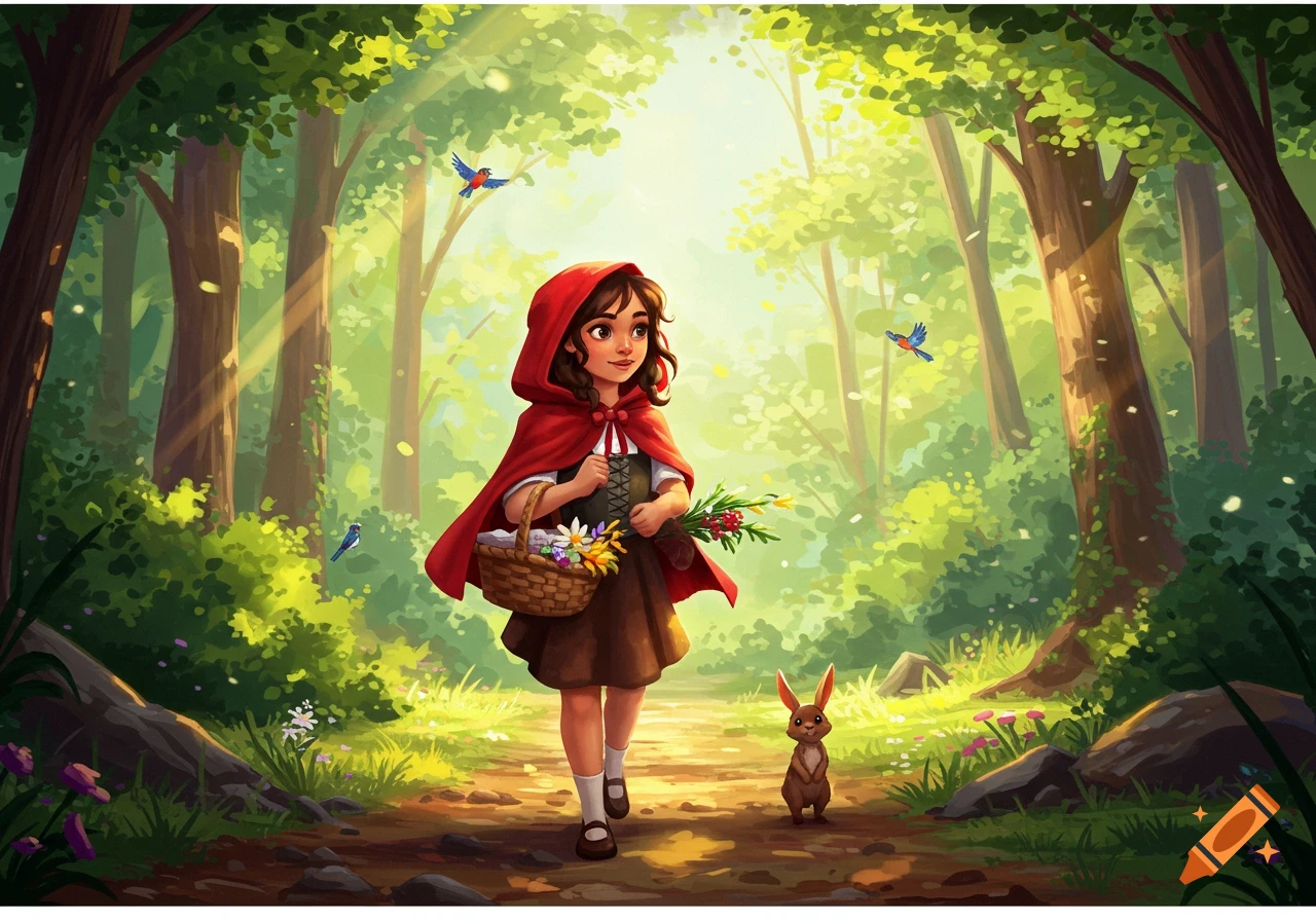 Illustration of Little Red Riding Hood walking through a sunny forest ...