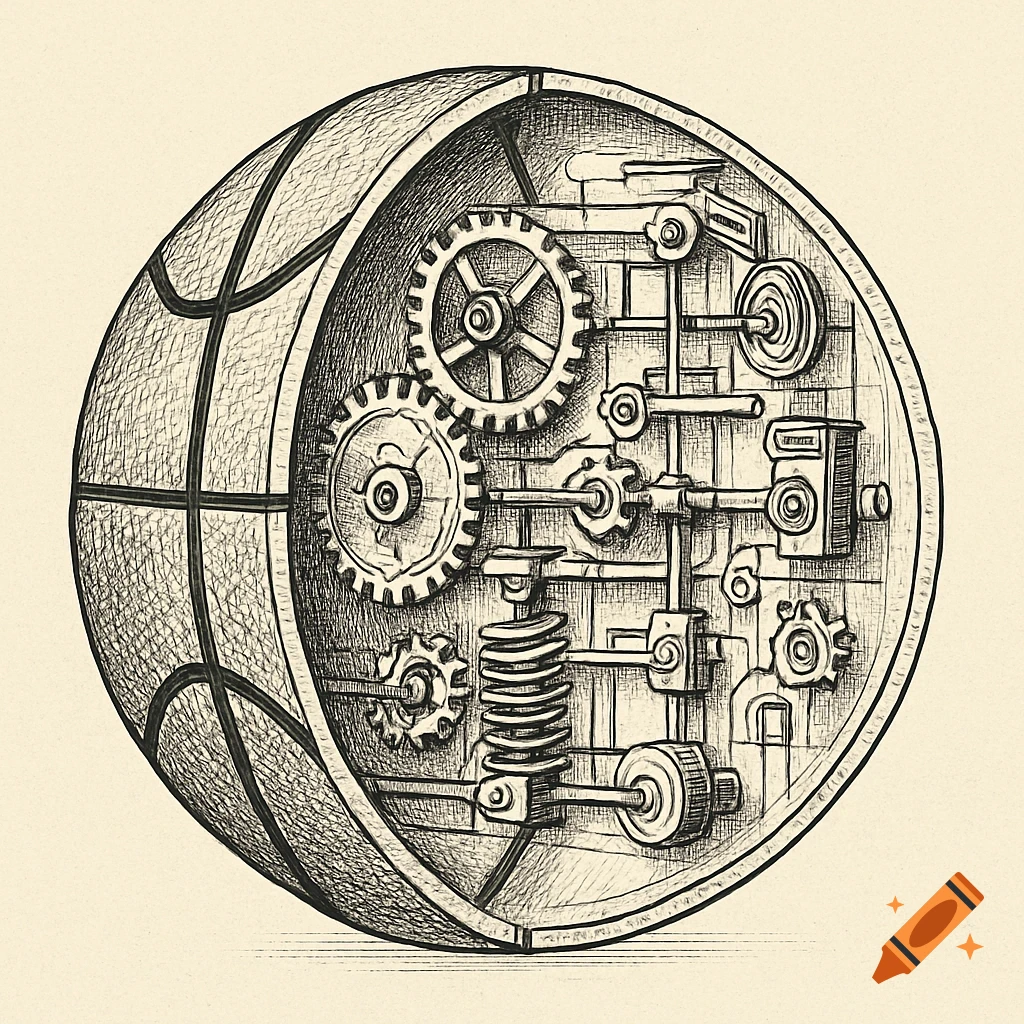 Cross-section sketch of a basketball revealing intricate internal gears ...