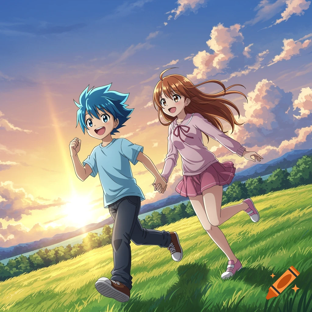 Anime boy and girl holding hands and running through a sunny field at ...