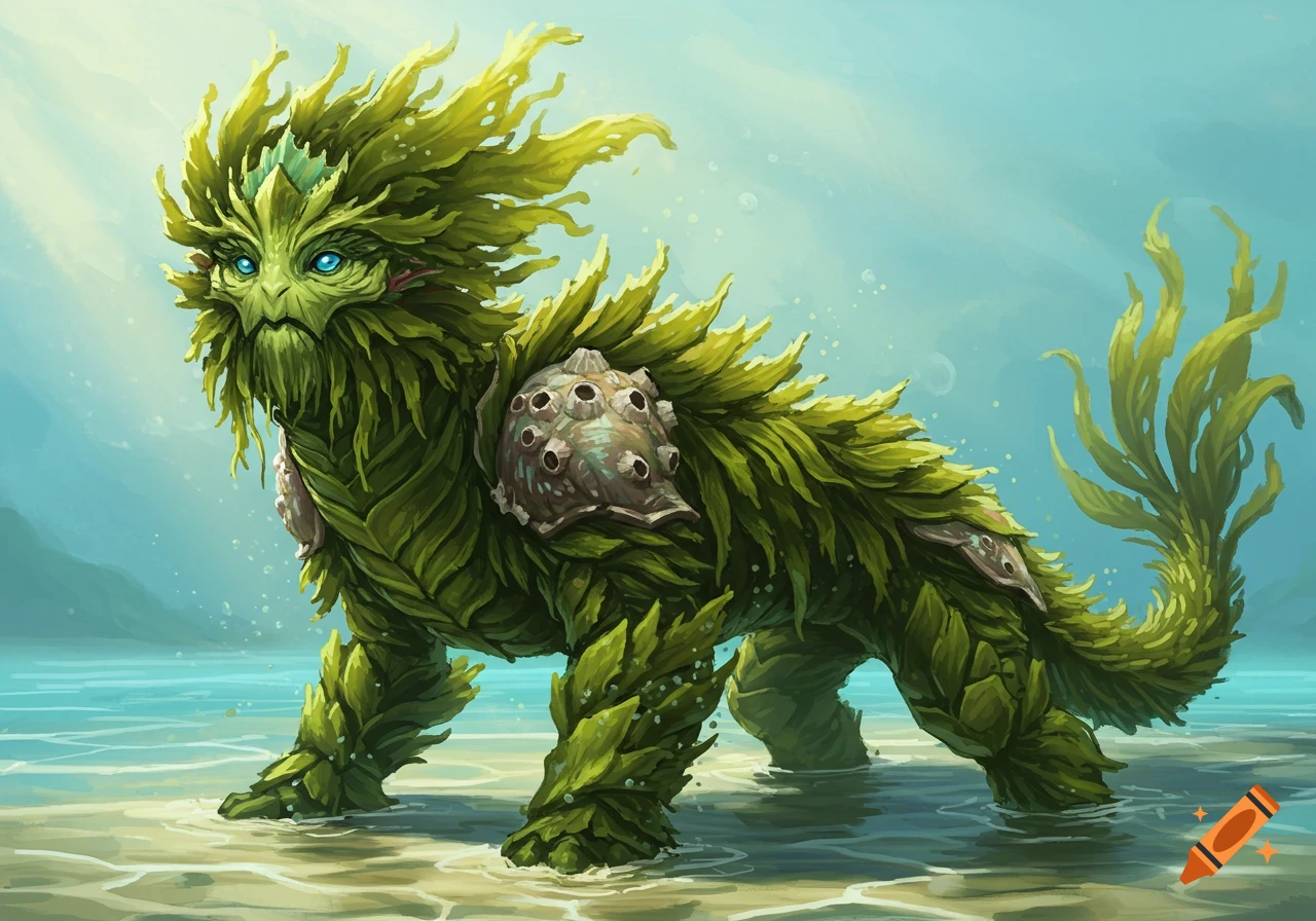 A mythical creature made of seaweed with blue eyes stands in shallow ...