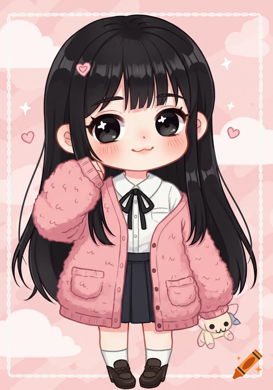 A chibi illustration of a girl with black hair wearing a pink cardigan ...