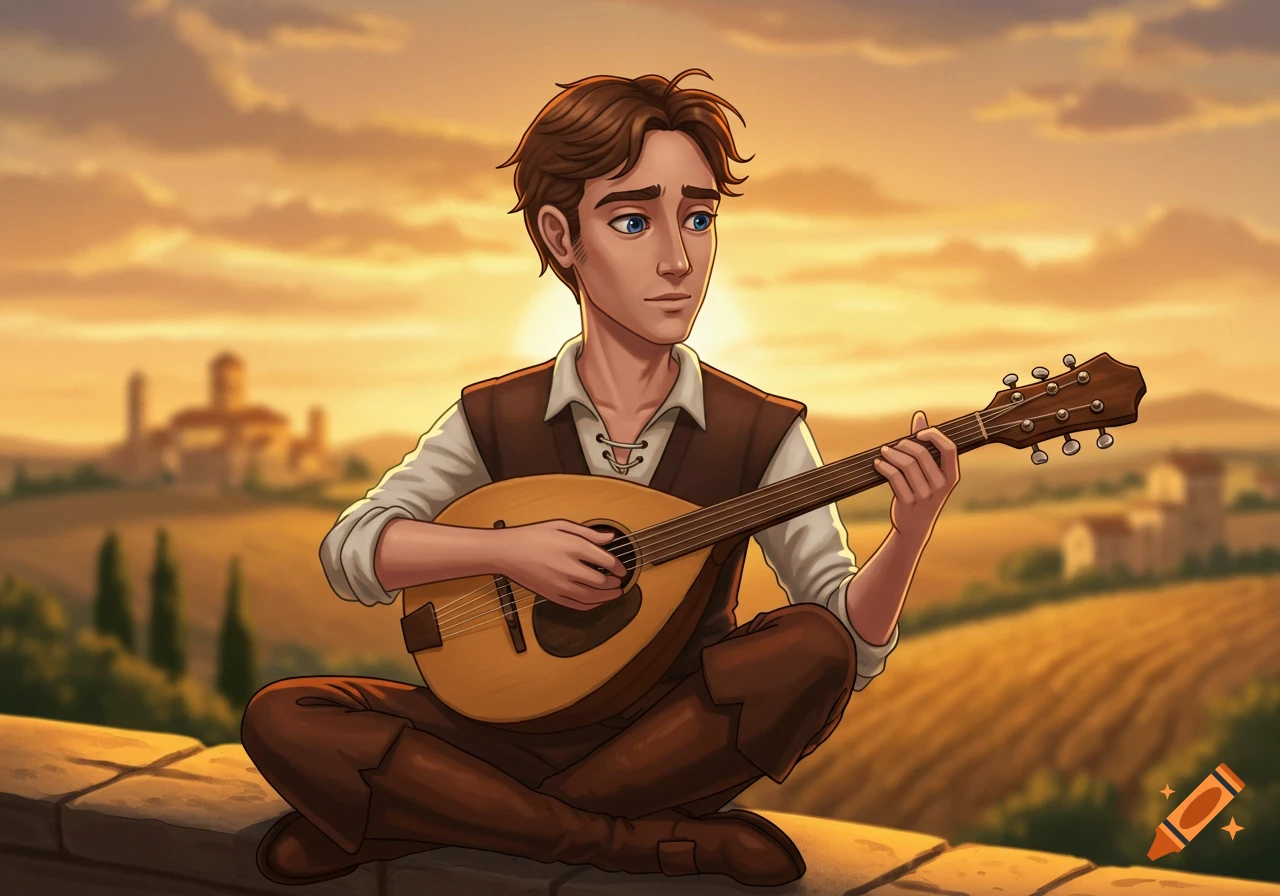 Cartoon illustration of a young man playing a mandolin on a wall ...