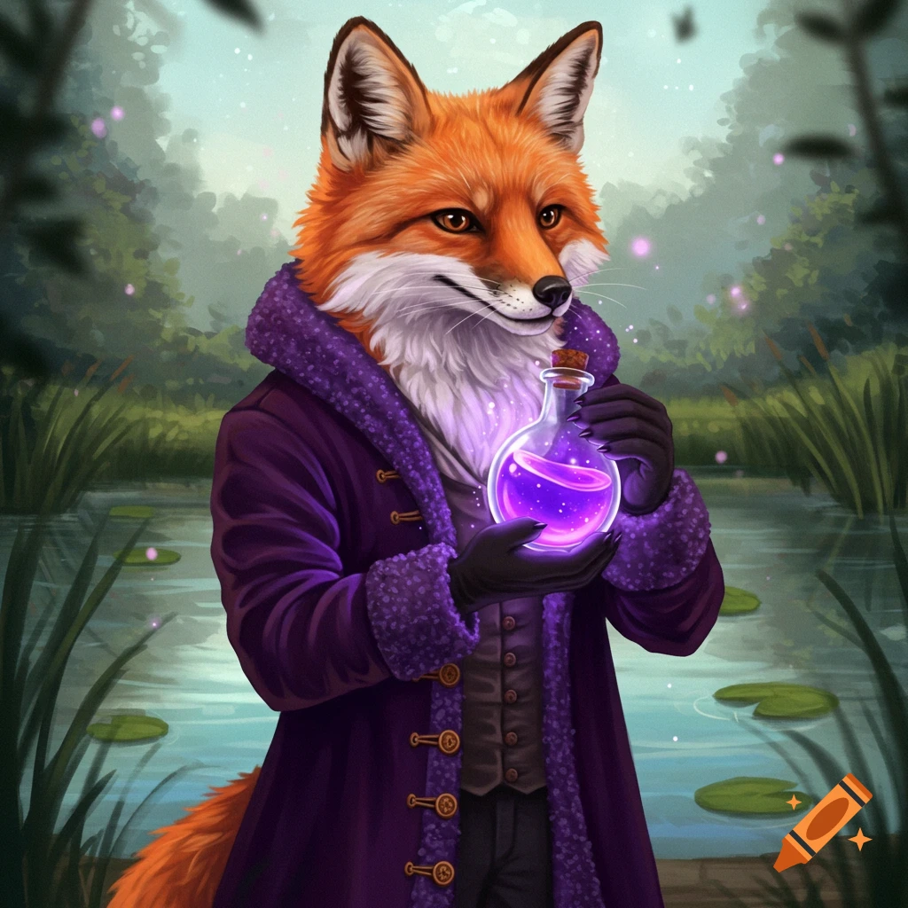 An anthropomorphic fox in a purple coat holds a glowing purple potion ...