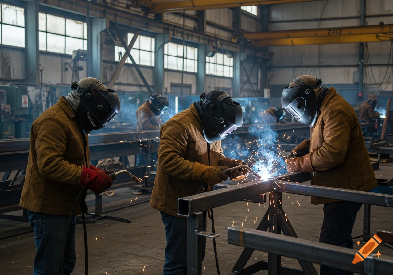 Welders work in a metal fabrication workshop, sparks flying. on Craiyon