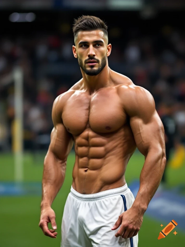 A muscular man with a lean physique stands on a soccer field. on Craiyon