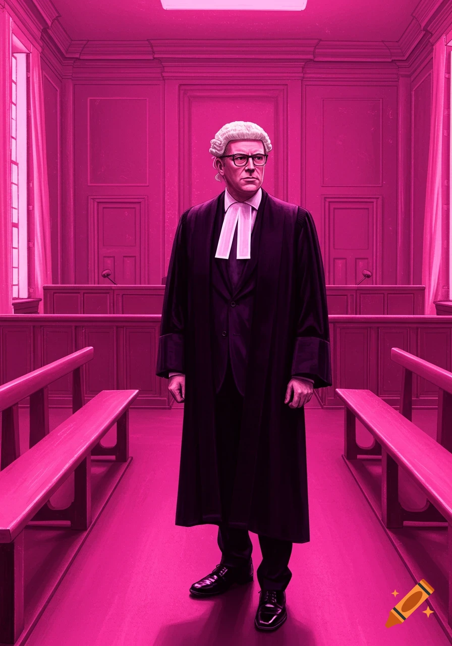 A male barrister in traditional robes and wig stands in a neon pink ...