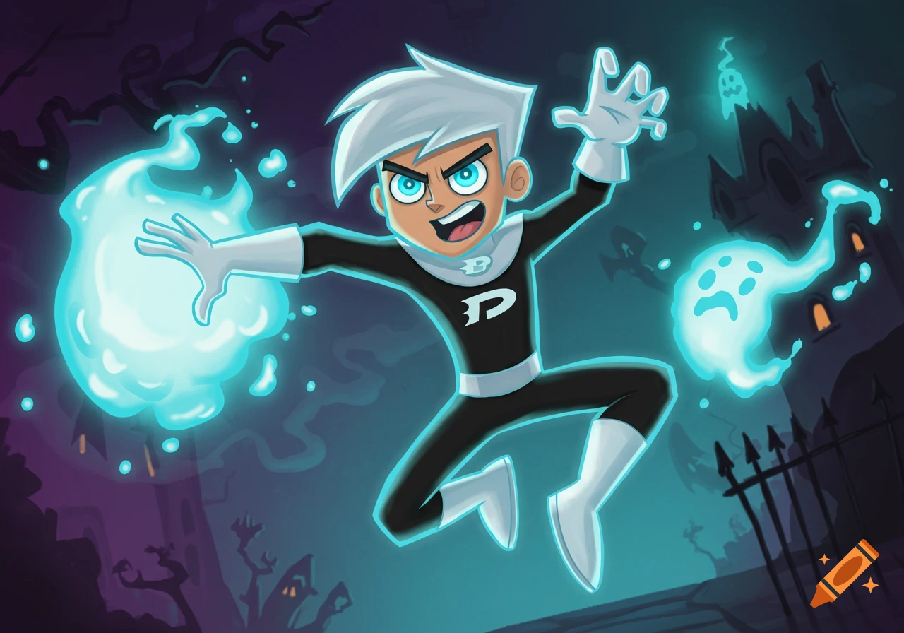 Cartoon character resembling Danny Phantom jumping with glowing hands and ghosts in a spooky ...