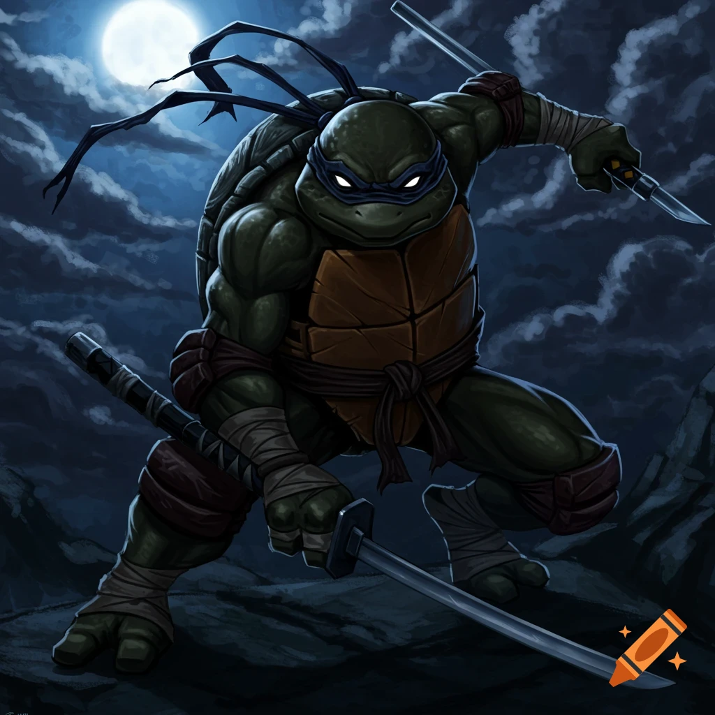 A ninja turtle character in a mask holds two katanas under a full moon ...