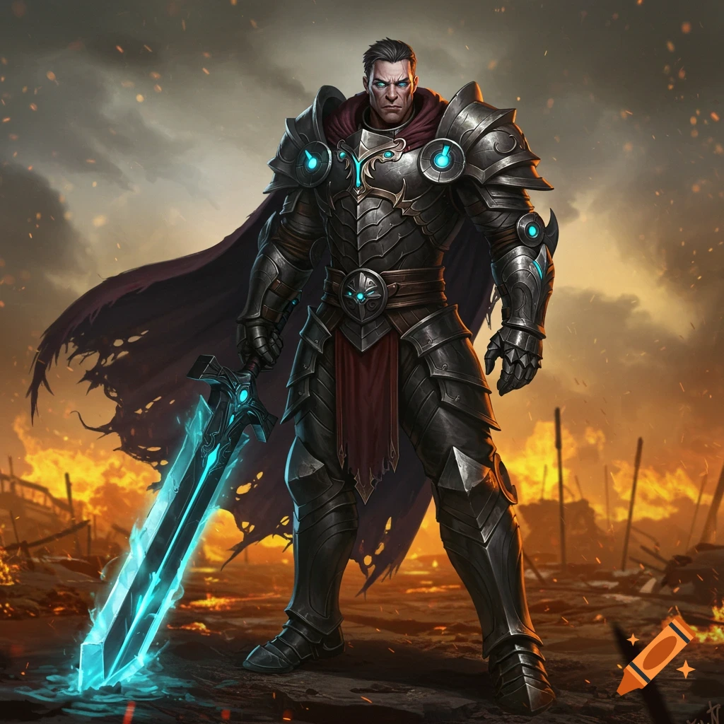 A fully armored warrior with a glowing sword stands in a fiery ...