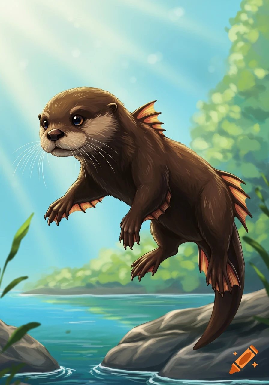 An otter-like creature with fins leaps near water in an illustration. on Craiyon