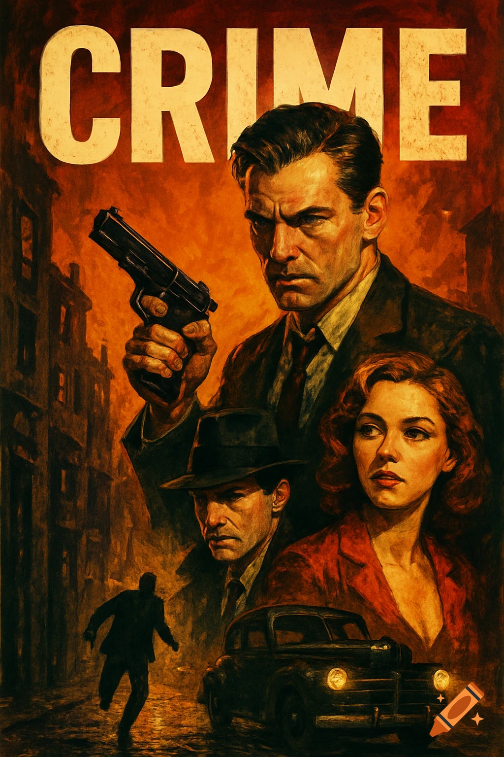Illustrated movie poster for the crime genre, featuring characters, a ...