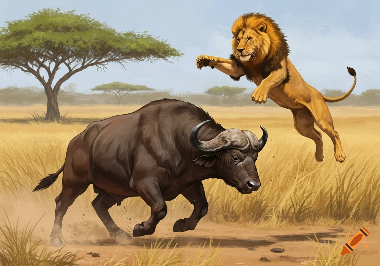 Illustration of a lion leaping onto a charging cape buffalo in an ...