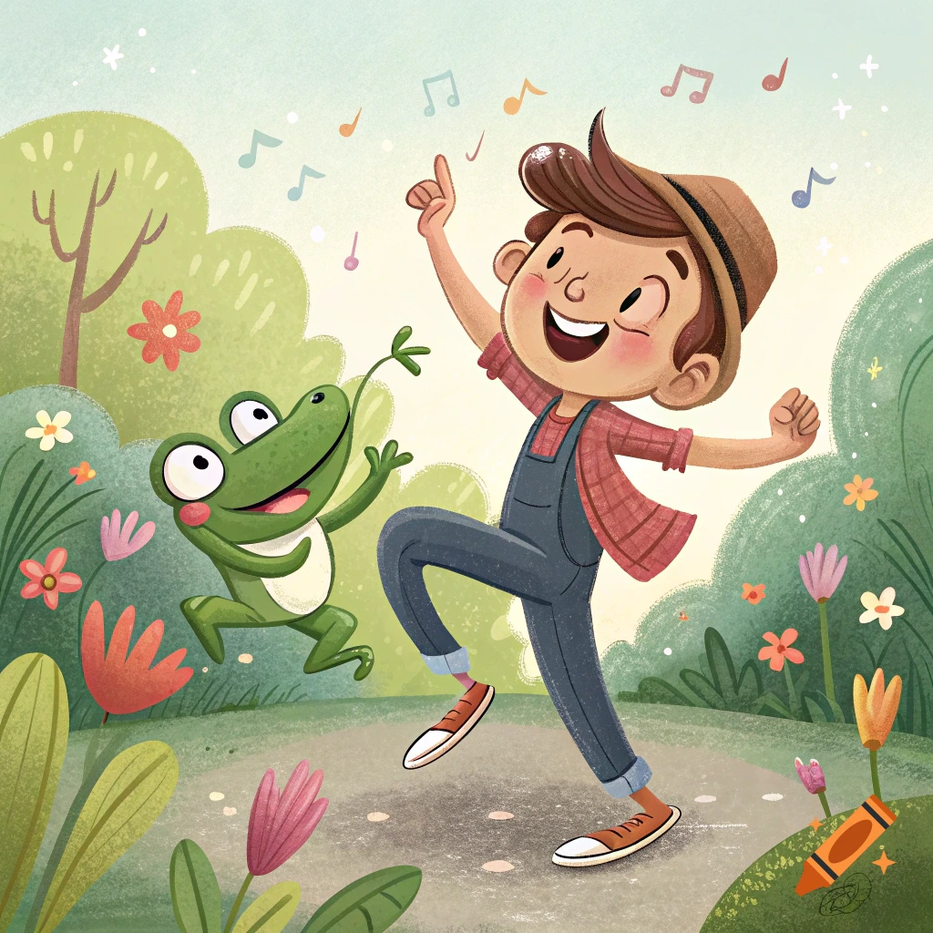 Cartoon illustration of a boy and a frog dancing in a garden with ...
