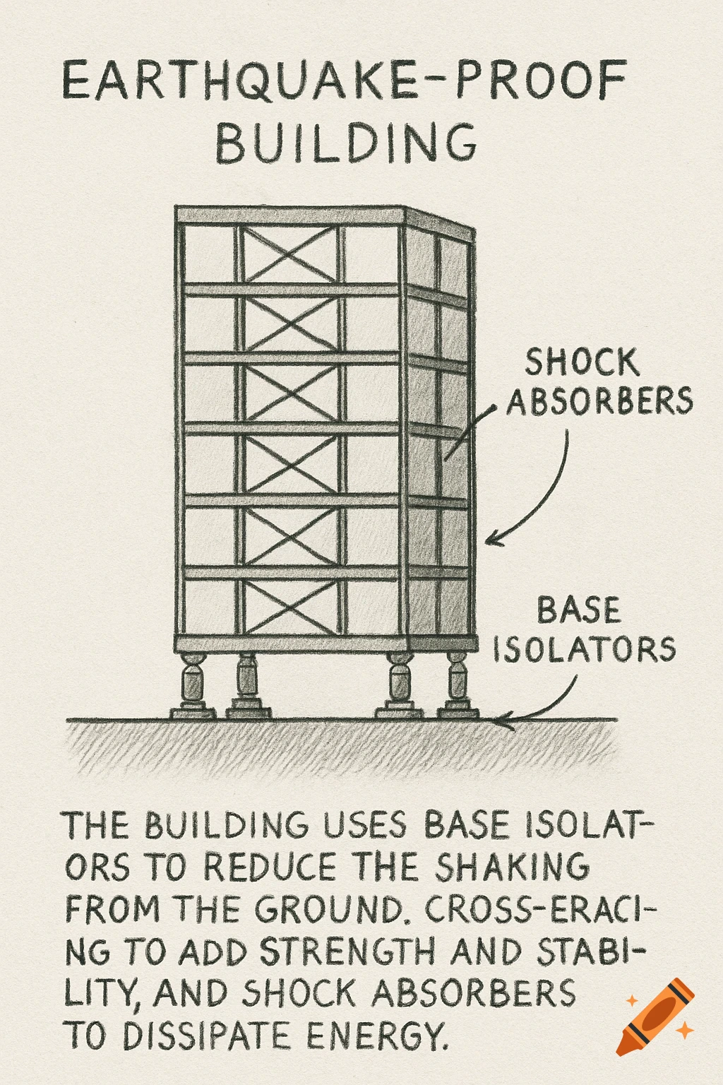 Diagram of an earthquake-proof building with labels. on Craiyon
