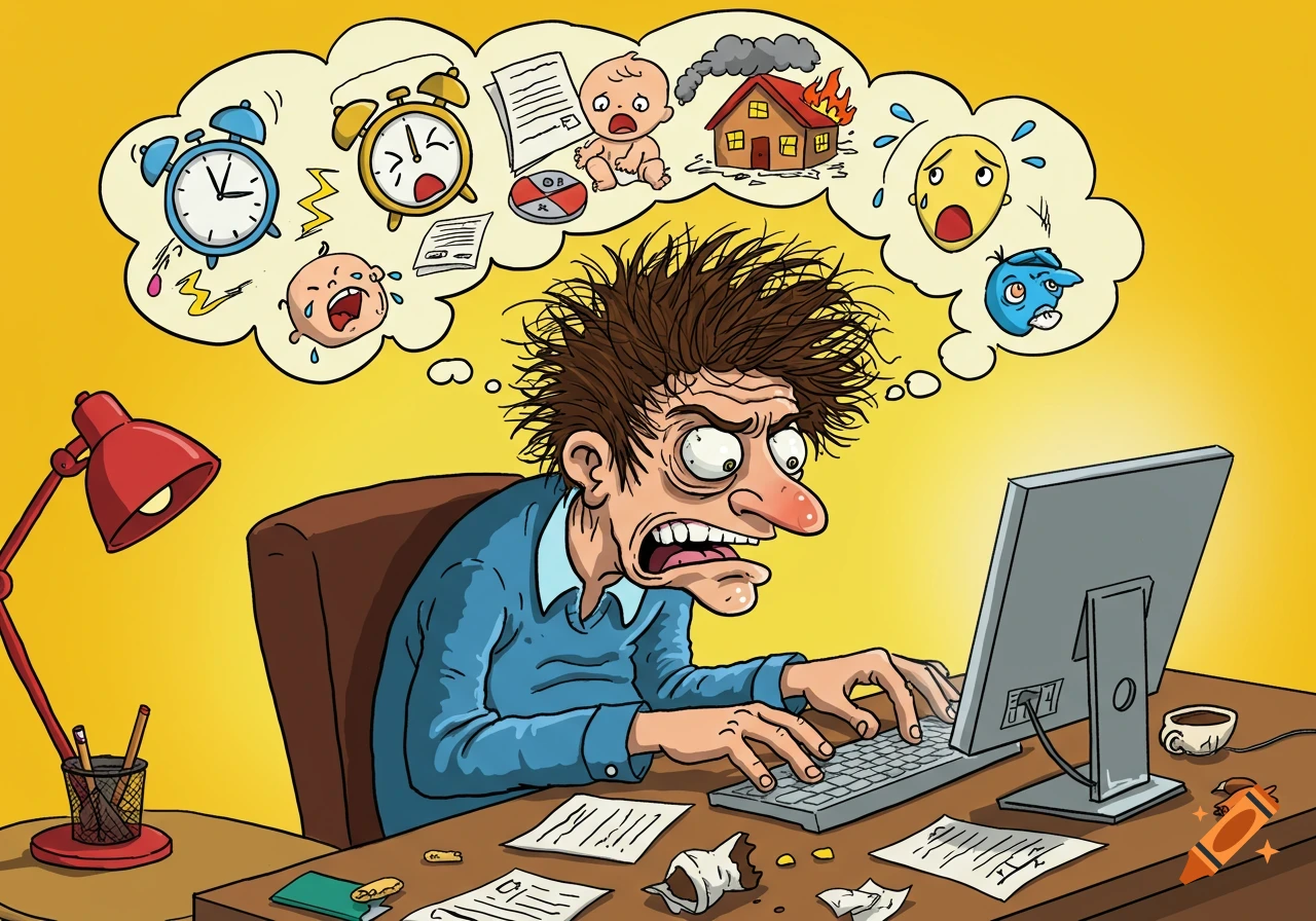Cartoon man stressed at computer with thought bubble showing alarms ...