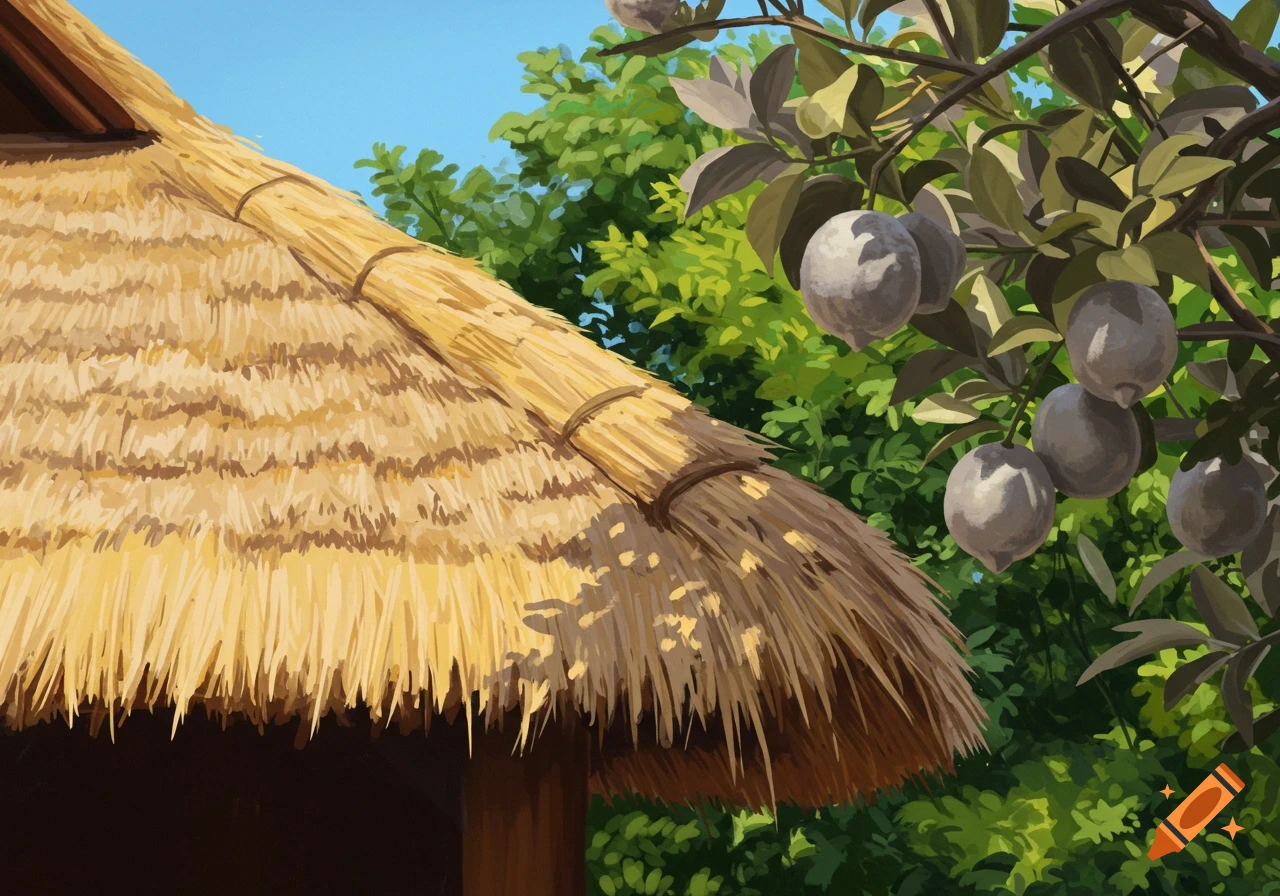 A thatched roof with grey fruit hanging from a tree branch nearby ...