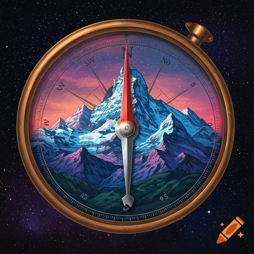 A compass with mountains and a landscape inside, against a starry sky ...