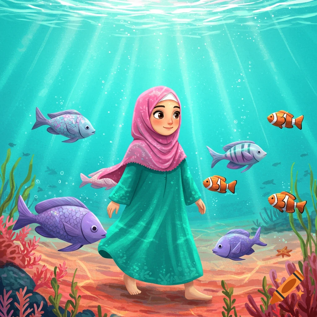 Illustration of a girl in a pink hijab walking underwater with colorful ...