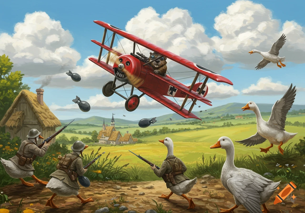 Hirax flying a red biplane bombs geese dressed as WWI soldiers in a ...