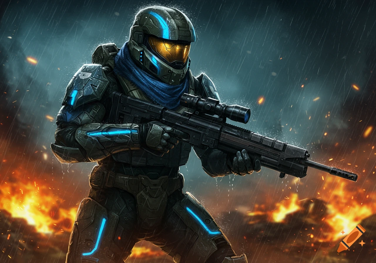 A Halo ODST soldier with a sniper rifle stands in rain and fire. on Craiyon