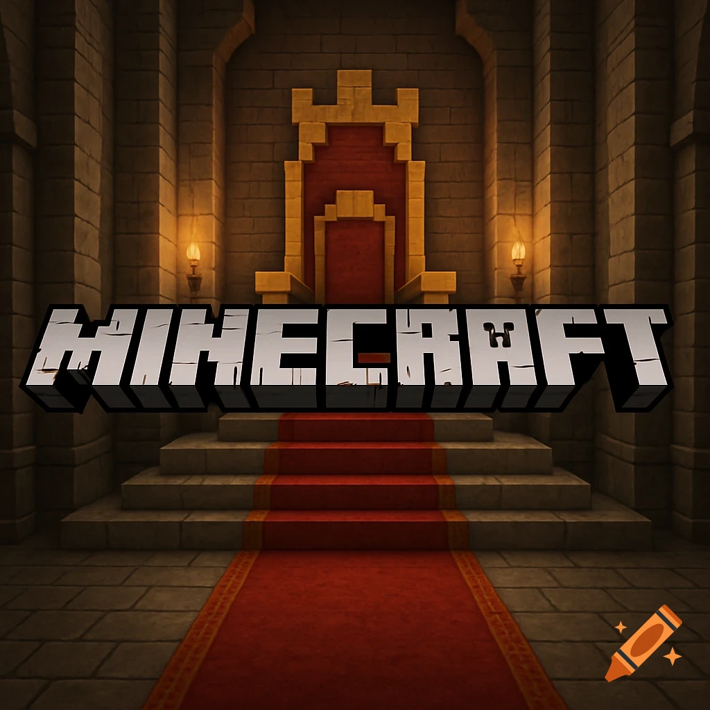 The Minecraft logo sits in front of a throne in a castle throne room ...