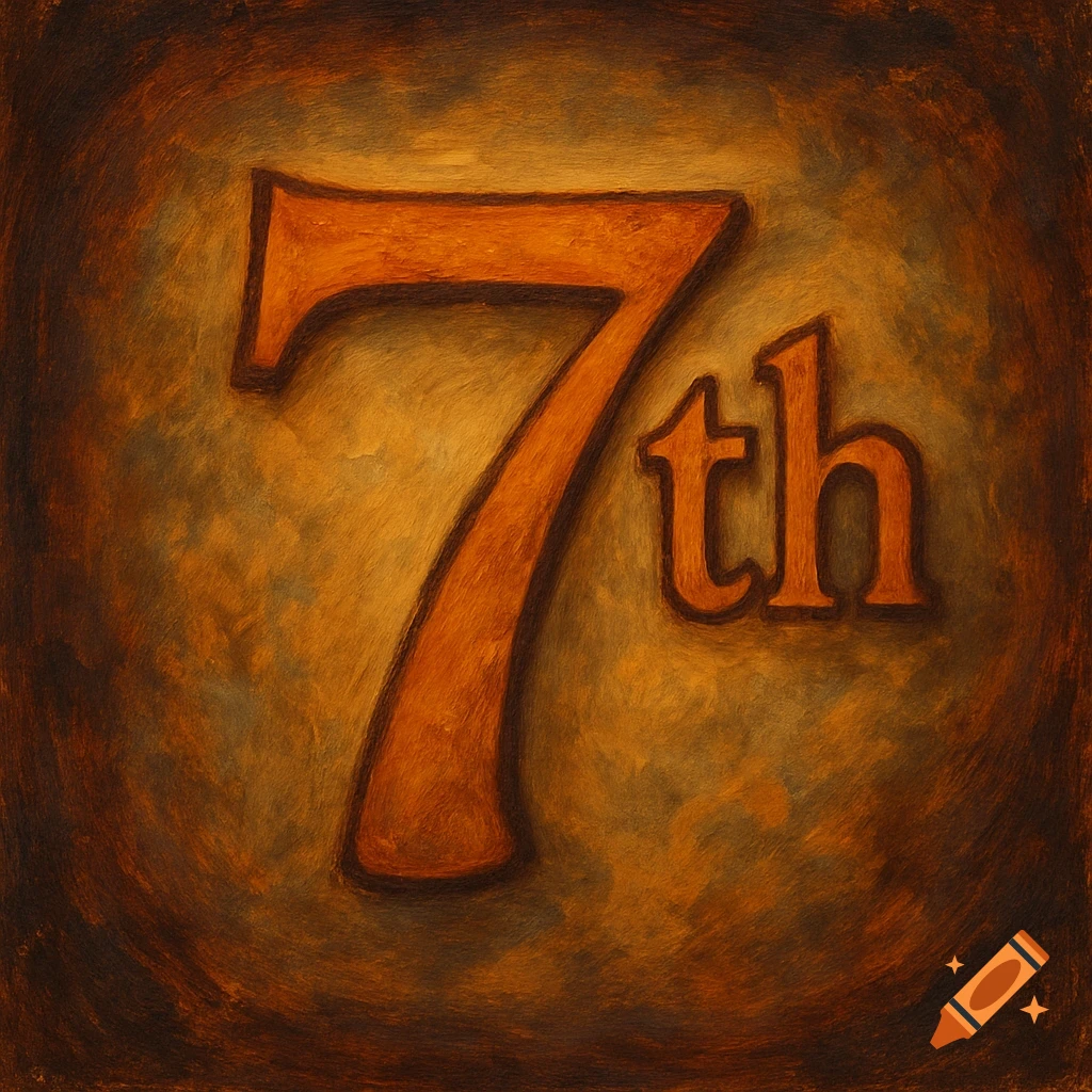 The number 7th rendered in a textured, painterly style with shades of ...