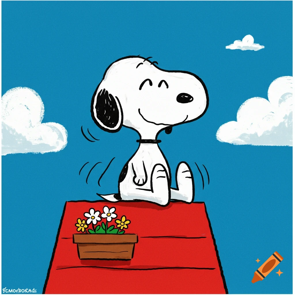 Cartoon of Snoopy sitting happily on a red roof with flowers under a ...
