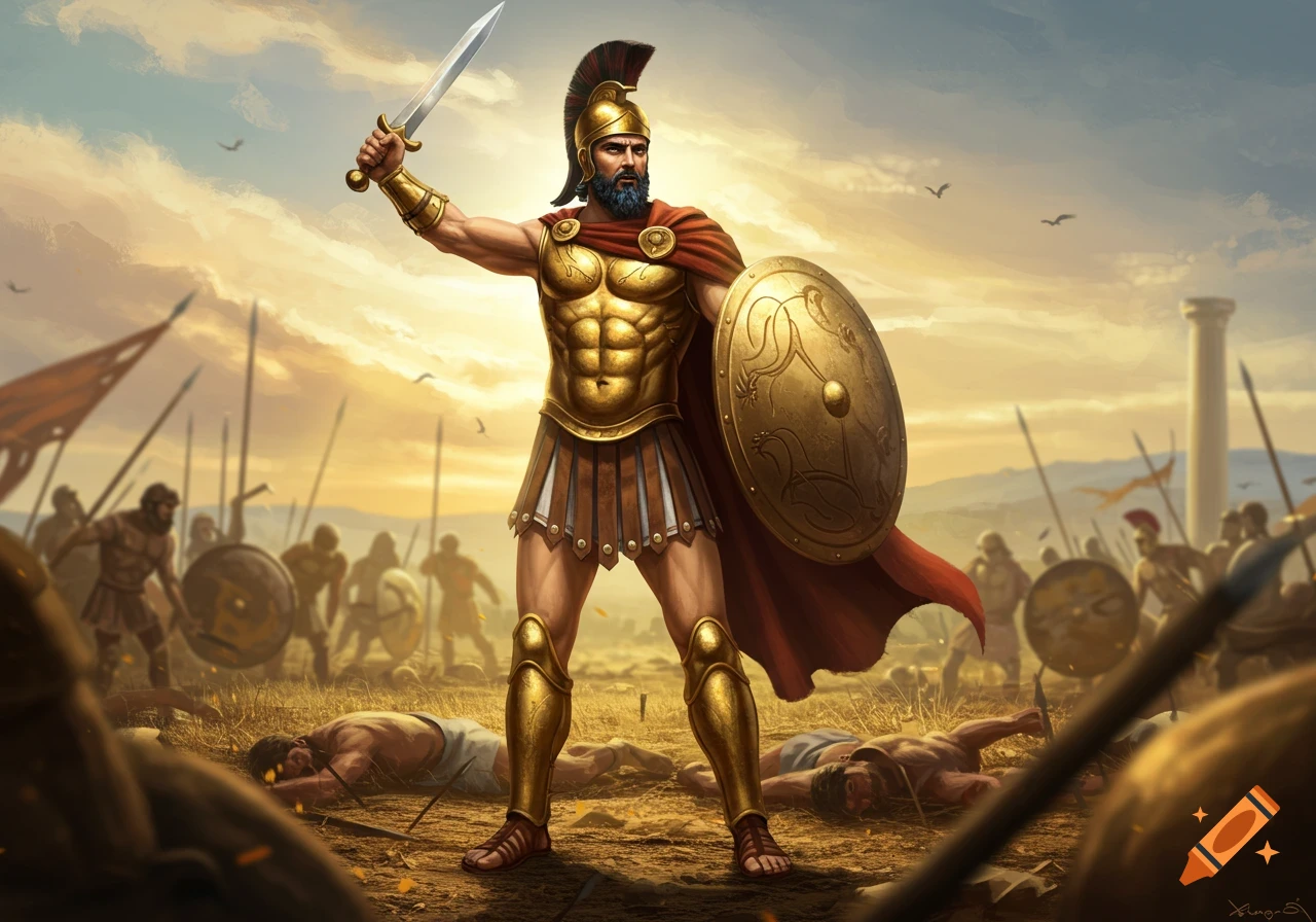 Greek warrior in golden armor stands on a battlefield, sword raised ...