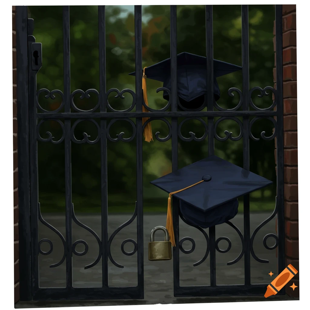 Two graduation caps hang on a locked ornate black iron gate. on Craiyon