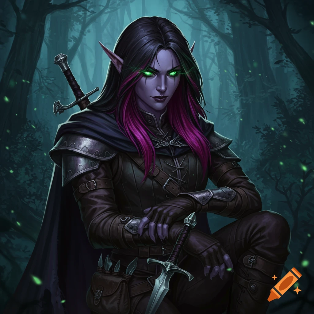 A dark fantasy illustration of a drow-like female warrior with glowing ...