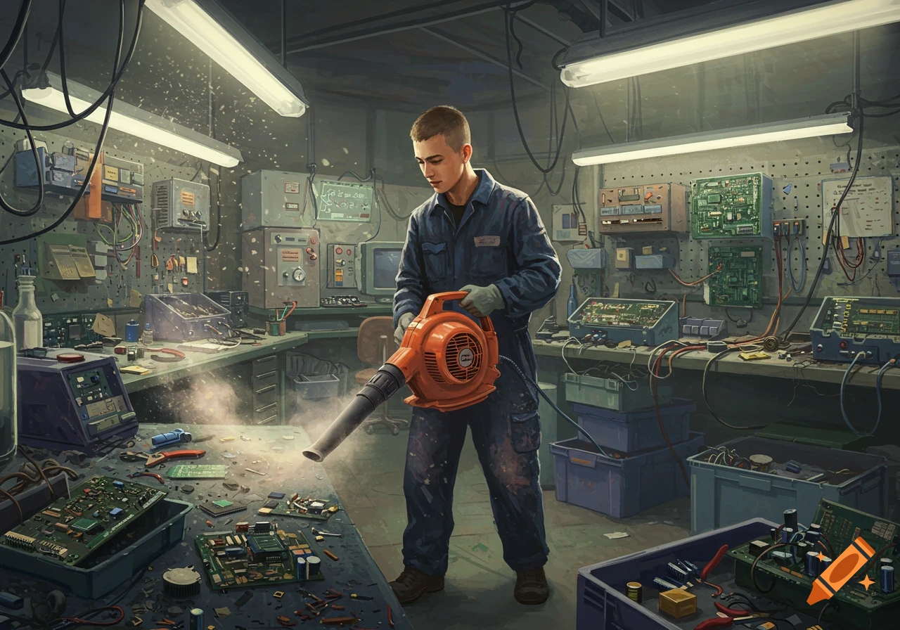 A man in overalls cleans an electronics workshop with a leaf blower ...